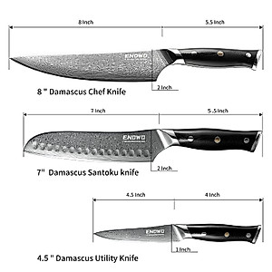 enowo Damascus Knife Set 3 PCS,Razor Sharp Kitchen Knives Made of Japanese Damascus Steel VG10, Well-Balanced Damascus Chef Knife set with Premium G10 Full Tang Handle Triple Rivet Gift Box