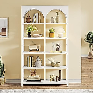 Tribesigns 5 Tiers White Tall Bookshelf: 70.9 Inches Modern Arched Display Shelves, Freestanding Wood and Metal Open Etagere Bookcase, Wall Book Shelf for Living Room Bedroom Office