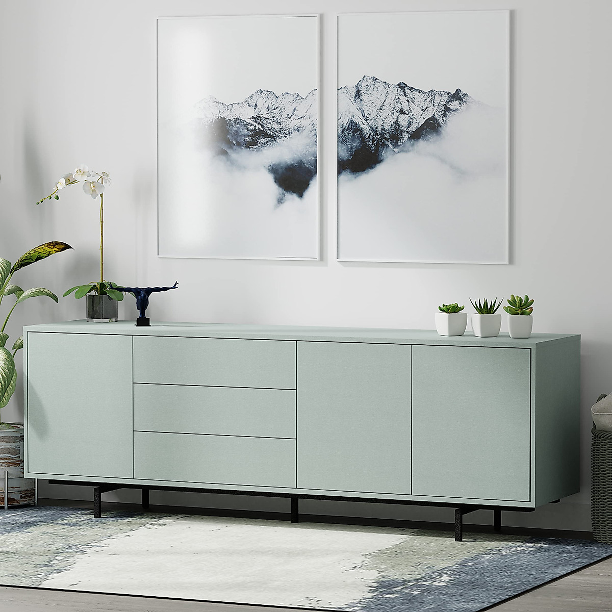 Glenwillow Home Atlas 78" x 28" Highboy Modern TV Stand Cabinet and Sideboard - Jade Ocean Frame, Jade Ocean Door/Drawers, Black Base