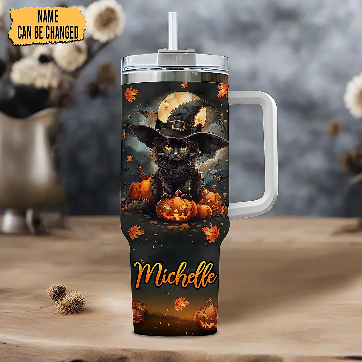 Hyturtle Personalized Halloween Black Cat Tumbler - Gifts For Cat Lovers - Black Cat Gift For Women - Spooky Season Cat Gift - Meoky Halloween Tumbler - Custom Travel Coffee Cup 40oz Lid And Straw