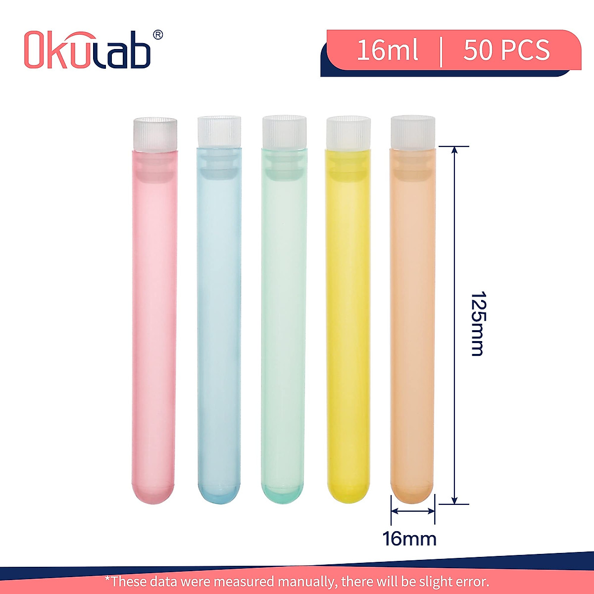 Okulab Test Tubes, Plastic Test Tubes with Caps, 50pcs 5 Colors Tampon Alcohol Tubes, with Flange Stopper for Lab, Classroom, Craft, TTP16B50