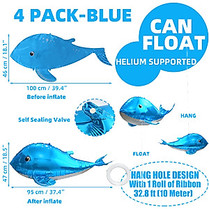 Cute 4D Whale Balloons Under The Sea Decorations Ocean Balloons, 4 Pack Gaint 37'' Whale Shape Mylar Foil Balloons Sea Animal Balloons Fish Balloons Beach Party Supplies, Blue