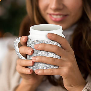 Meanplan Bling Rhinestone Coffee Mug for Christmas Gift Bling Water Bottle Rhinestone Ceramic Portable Travel Cup Crystal Coffee Cup with Lid and Handle for Women Office Home 13.5 oz (White)