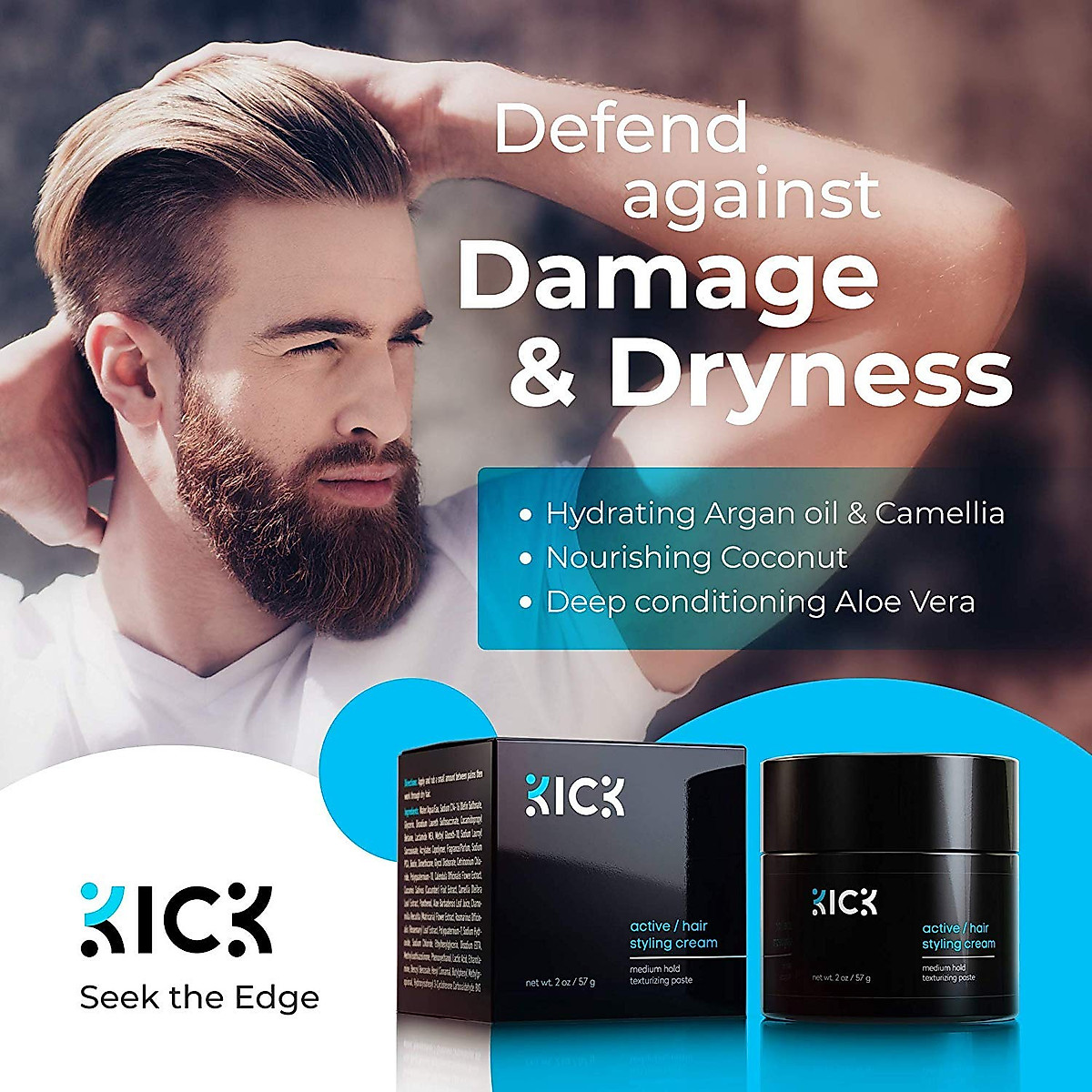 Kick Hair Cream for Men Medium Hold Forming Cream - Award Winning Mens Hair Products - Non Greasy Hair Styling Cream with Argan and Coconut Oil to Restore Dry, Damaged Hair - 2 Oz
