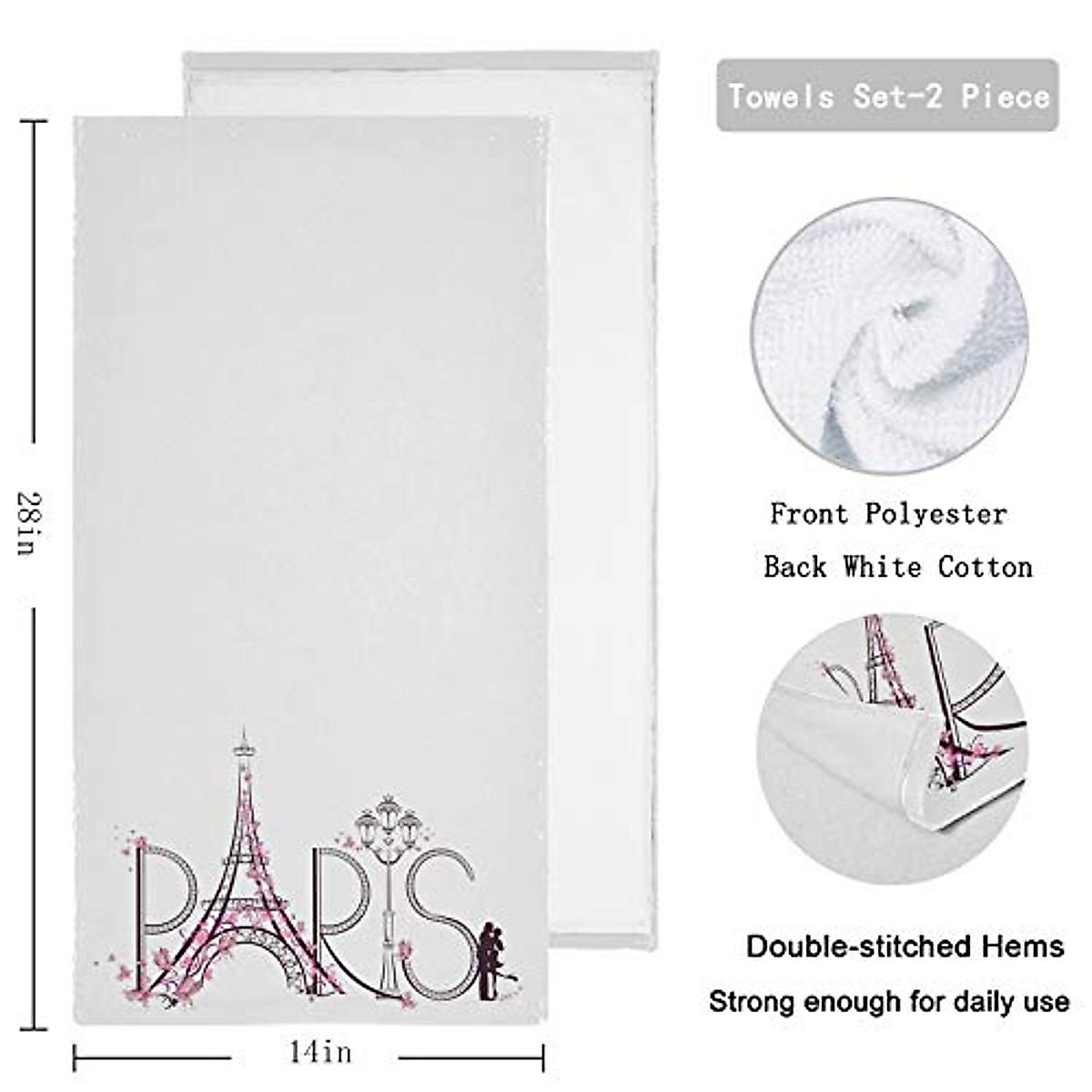 Naanle Chic Romantic French Paris Eiffel Tower Butterfly Luxury 2 Piece Soft Fluffy Guest Decor Hand Towels, Multipurpose for Bathroom, Hotel, Gym and Spa (14" x 28",White)