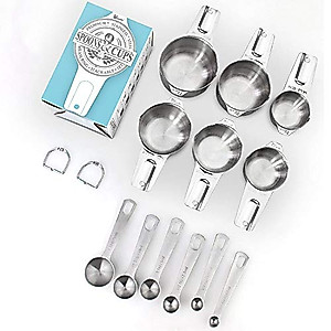 Measuring cup and spoon set stainless steel 13 inch 18/8 stainless steel: 7 measuring cups and 5 measuring spoons, with a professional magnetic measurement conversion table