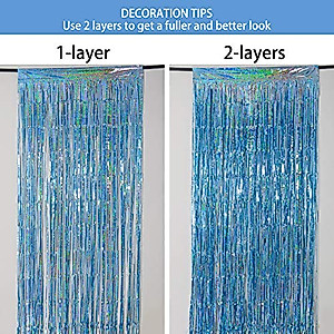 Foil Fringe Curtains Party Decorations - Melsan 3 Pack 3.2 x 8.2 ft Tinsel Curtain Party Photo Backdrop for Birthday Party Baby Shower or Graduation Decorations Light Blue
