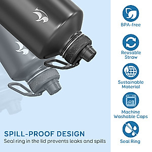 Coolflask Gallon Water Bottle Insulated with Straw&3 Lids, 128 oz Water Jug Large Stainless Steel Metal Vacuum Wide Mouth for Sports, Gym or Office, Non-BPA Keep Cold 48H Hot 24H, Magic Black