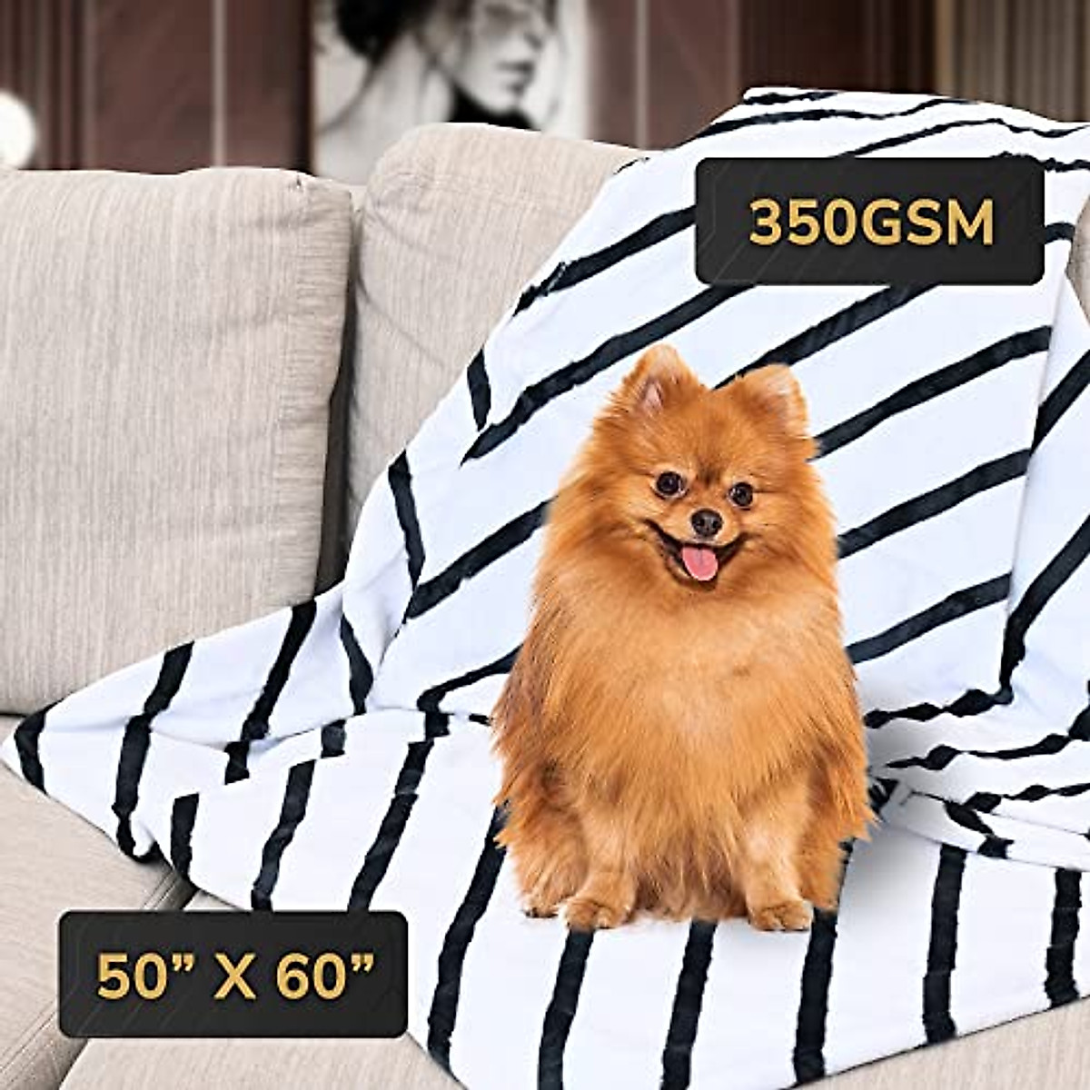 4 Piece Throw Blanket with Pillow Covers Set - Black & White Stripes Fleece Blanket with 3 Throw Pillow Covers - Soft Fluffy Cozy Flannel Blanket - Black, White and Stripe Square Pillow Covers 18x18