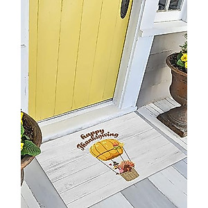 Savannan Floor Mats,Happy Thanksgiving Cartoon Turkey in Pumpkin Shaped Hot Air Balloon Wooden Non Slip Latex Backing Ultrathin Loop Pile Door Rugs for Dining Room Office Home Decor 24"x32"