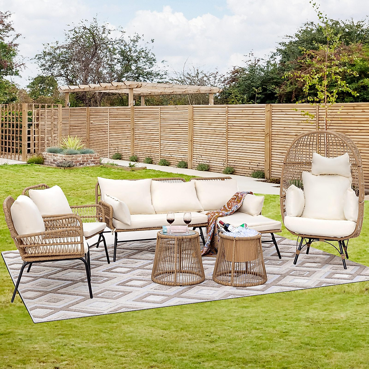 NICESOUL® 7 Pcs Boho Outdoor Patio Furniture Sofa Set with Egg Chair, L-Shaped Lounge Chair with Beige Cushions, Wicker Conversation Set with Ice Bucket for Garden Balcony Deck Bohemian Cream Color