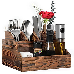 Innovation Silverware Caddy, Flatware Caddy, 7-Compartment Wooden Utensil Caddy Silverware with Handles for Spoons, Knives, Forks, Napkins, Vintage Brown