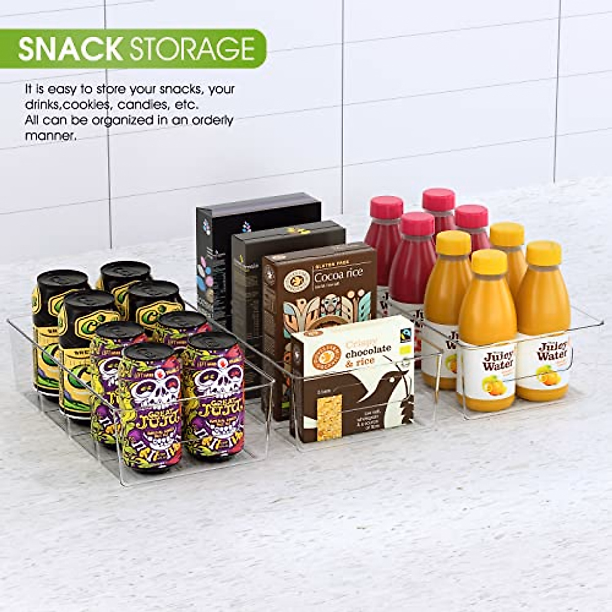 3 Pack Snack Organizer for Pantry – Food Organization and Storage Clear Bins w Removable 3 Dividers, Acrylic Fridge/Refrigerator Organizers, for Kitchen, Cabinets, Snacks, Packets, Sauce, Pouches