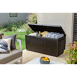 Keter Springwood 80 Gallon Resin Outdoor Storage Box for Patio Furniture Cushions, Pool Toys, and Garden Tools with Handles