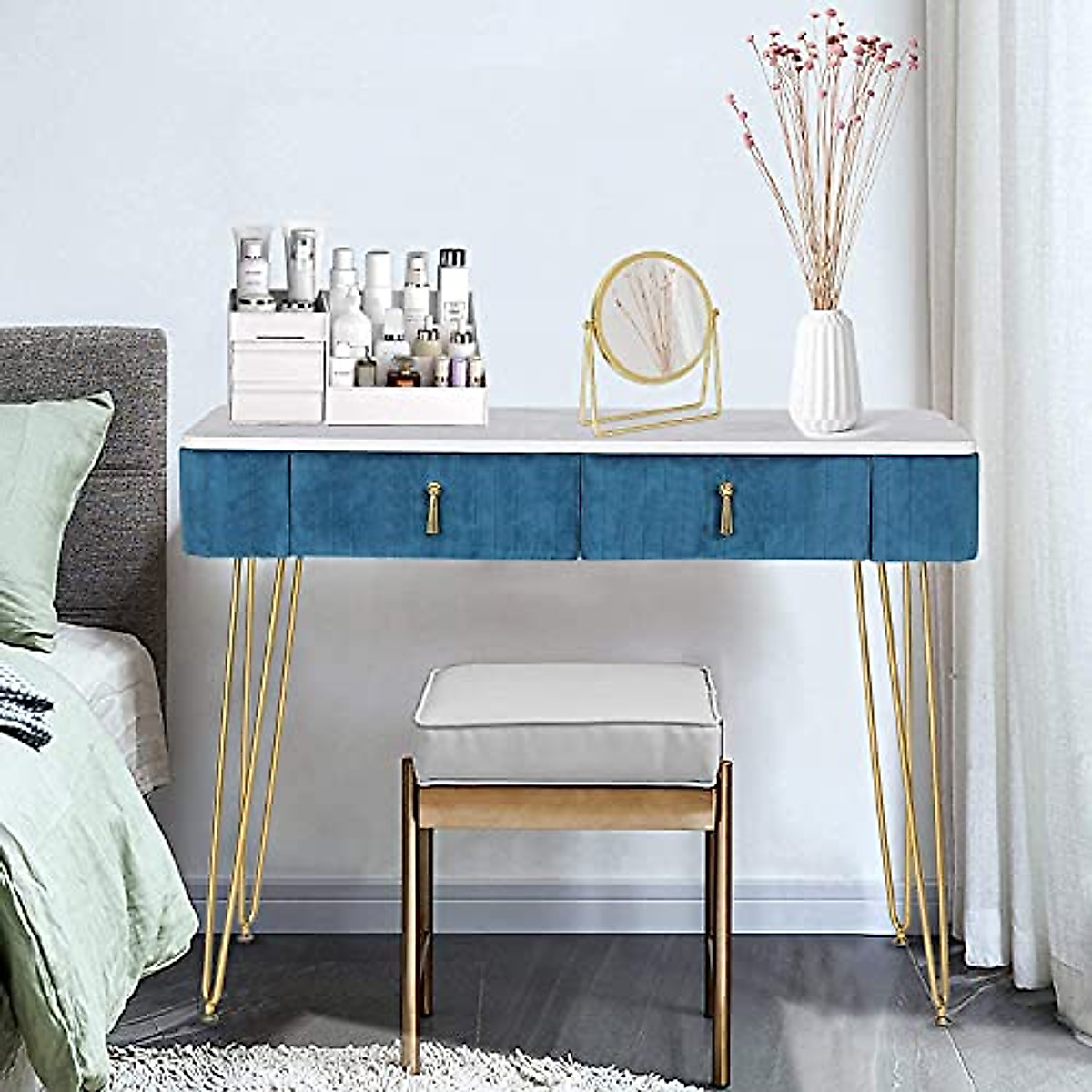 Joveco 39’’ Vanity Table with 2 Drawers- Modern Makeup Vanity Desk- Dressing Table Small Desks for Bedrooms- Home Office Computer Desk- White Marble Wood Veneer/Gold Metal Legs/Blue Soft Microfiber
