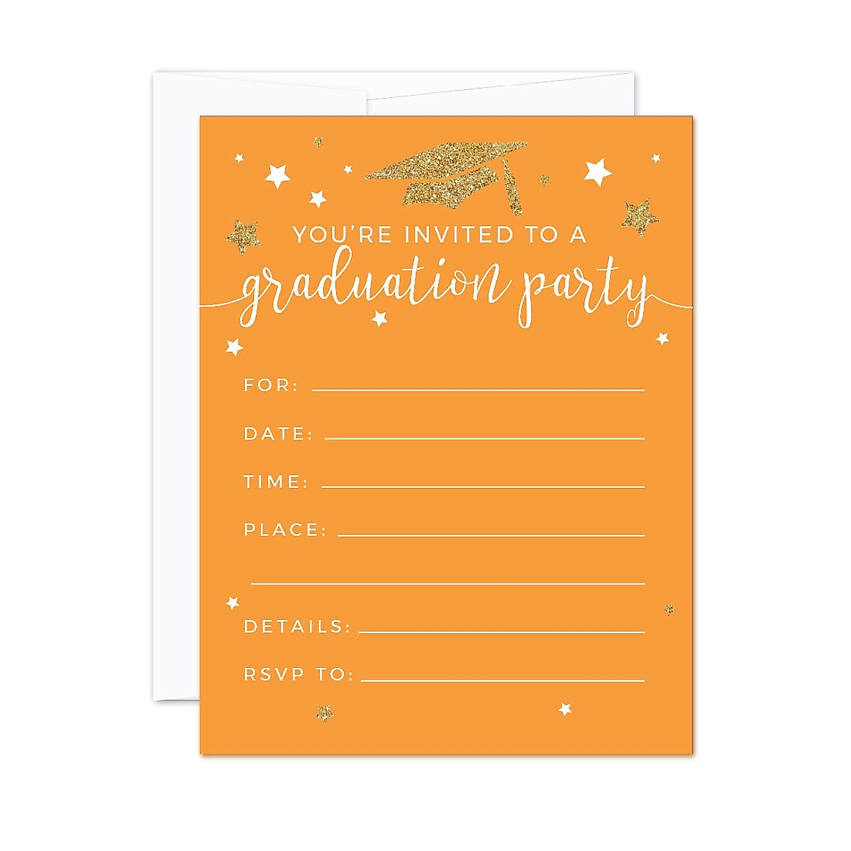 Andaz Press Orange and Gold Glittering Graduation Party Collection, Blank Invitations with Envelopes, 20-Pack