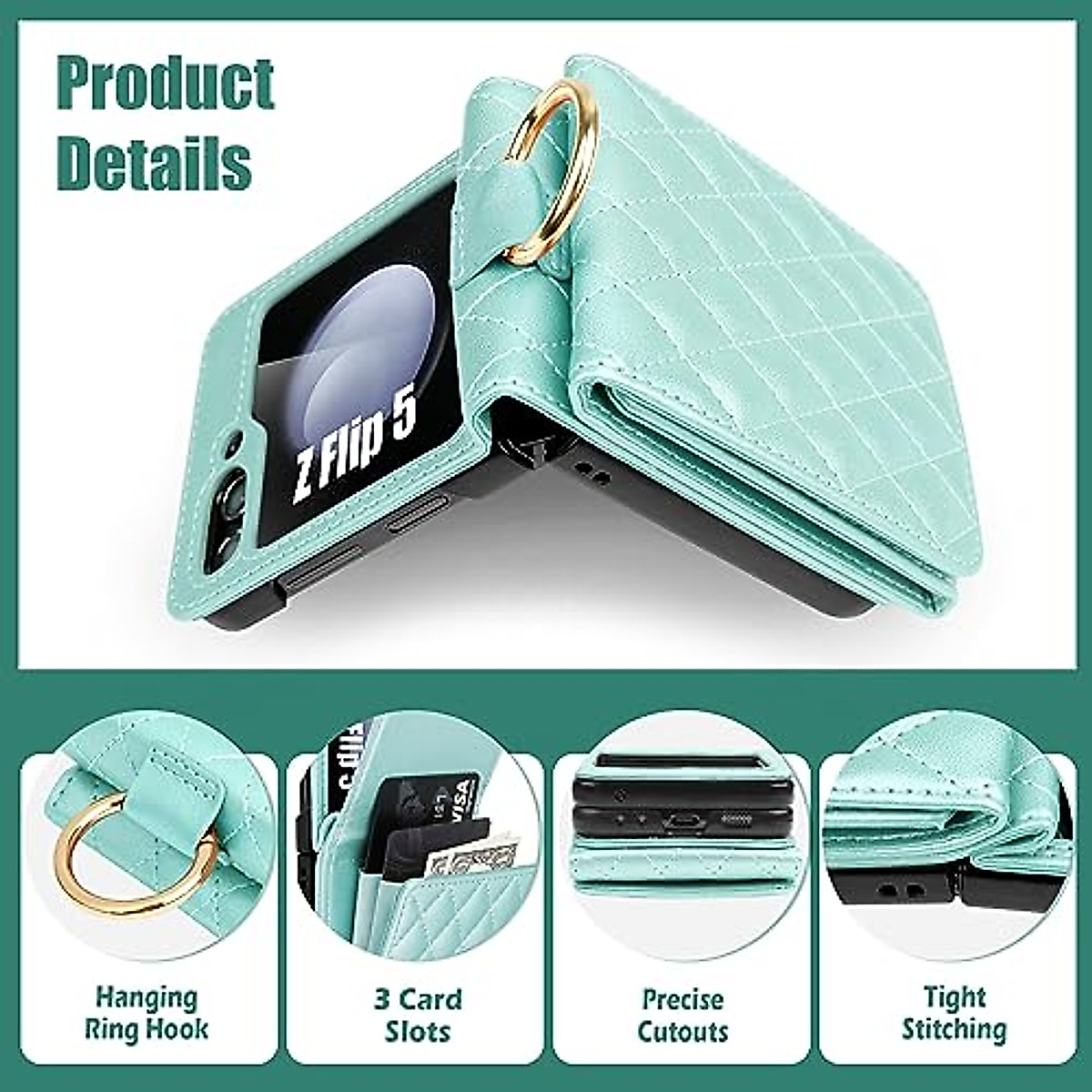 KSRIDOTE for Samsung Galaxy Z Flip 5 Case,Galaxy Z Flip 5 Phone Case Wallet with Card Holder & Ring Crossbody Wallet Case Luxury Gift for Women, Mint Green