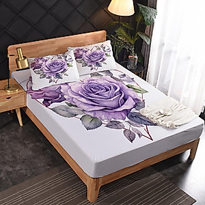 zcsm Purple Rose Sheets Full Size Sheet Sets - Floral Bed Sheets, Soft Microfiber & Deep Pocket & Wrinkle Free Patterned Bedding Sheets & Pillowcases, 1 Fitted Sheet, 1 Flat Sheet, 2 Pillow Cases