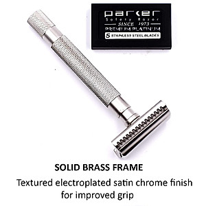 Parker THE SEMI SLANT, Double Edge Safety Razor and 5 Parker Blade Refills - Electroplated Satin Chrome Solid Brass Handle - Delivers a Barbershop Shave at Home