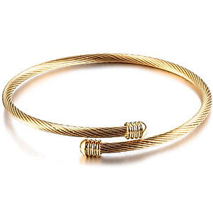 Jude Jewelers Stainless Steel Cable Wire Open Cuff Adjustable Size Bangle Bracelet (Gold)