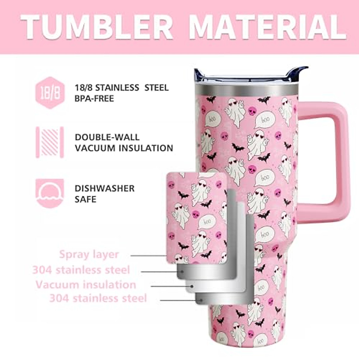 Aokoyi Halloween Ghosts 40oz Tumbler Cup with Handle and Straw, Pastel Holiday Gifts for Women Girls, Stainless Steel Insulated Water Bottle 1PC