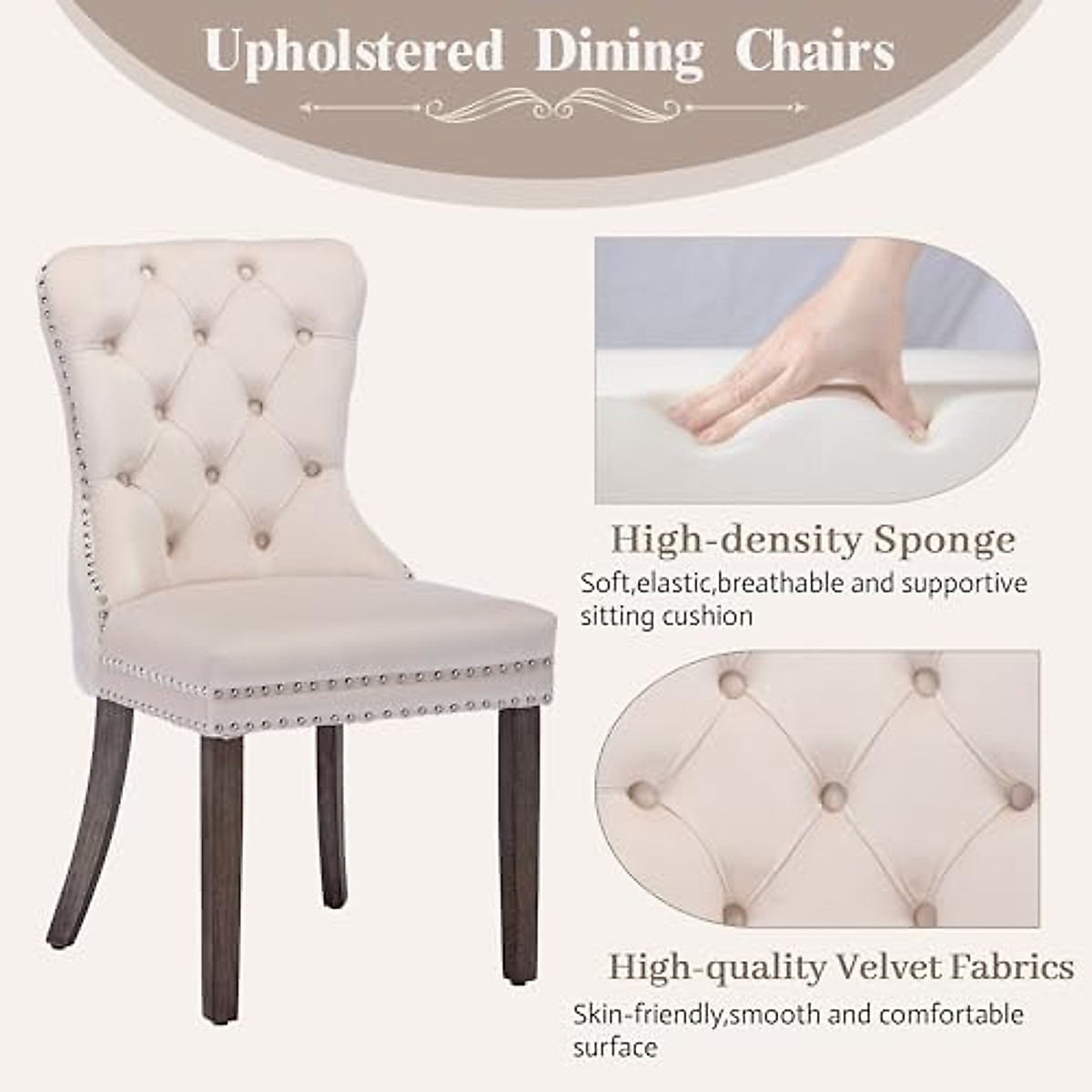 KCC Velvet Dining Chairs Set of 6, Upholstered High-end Tufted Dining Room Chair with Nailhead Back Ring Pull Trim Solid Wood Legs, Nikki Collection Modern Style for Kitchen, Beige