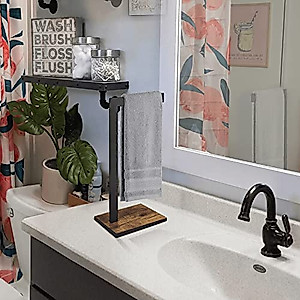 ELITEROO Hand Towel Holder for Bathroom, Hand Towel Stand with Wood Base, L-Shape Hand Towel Rack for Vanity Countertop, Kitchen Counter, Rustic Black and Brown