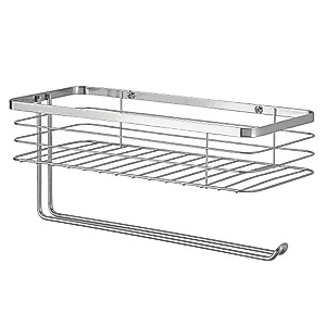 mDesign Steel Horizontal Wall Mount Paper Towel Holder with Basket Storage Organizer for Kitchen Countertop, Pantry, Cabinet, Cupboard - Holds Spices, Snacks, Drinks - Carson Collection - Chrome
