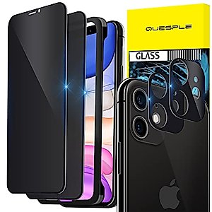 QUESPLE [Full Coverage] 2 Pack Privacy Screen Protector for iPhone 11 6.1 Inch + 2 Pack Camera Lens Protector, Anti-Spy Tempered Glass Film, with Easy Installation Kit, Anti Peeping