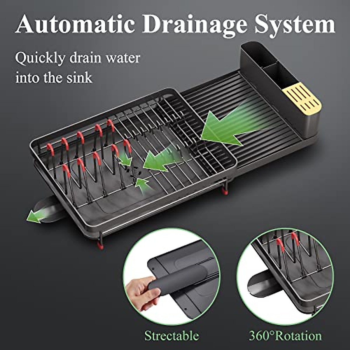 Dish Drying Rack, Expandable Dish Racks for Kitchen Counter, Multifunctional Extra Large Dish Strainers with Cutlery & Pan Holders, Extendable Anti-Rust Dish Drainers with Drainboard for Kitchenware