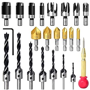 MEIGGTOOL 23pcs Woodworking Chamfer Drilling Tool, 8pcs Wood Plug Cutter Drill, 7pcs Three Pointed Countersink Drill Bit with L-Wrench, 6pcs 1/4" Hex 5 Flute 90 Degree Countersink Drill Bits