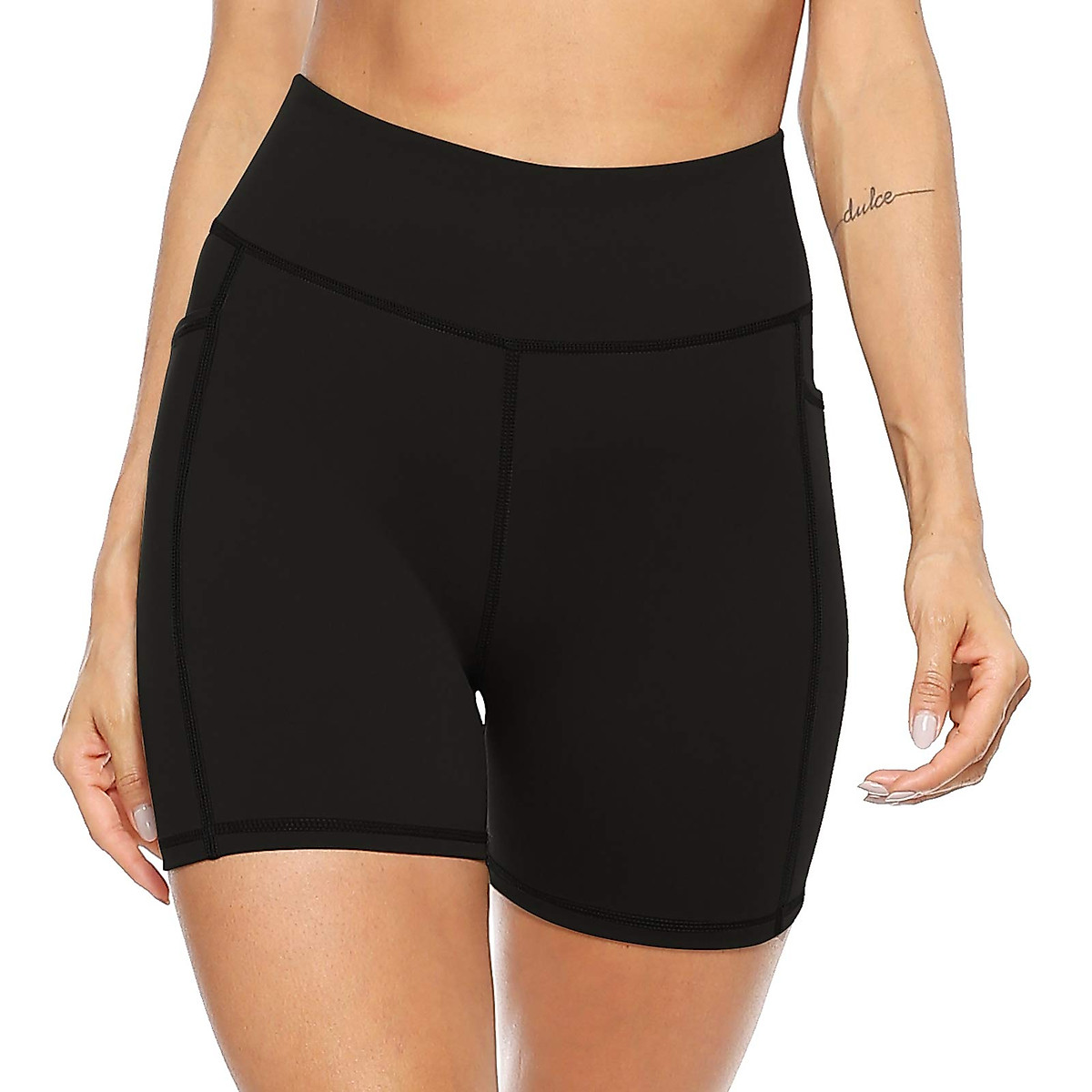 AFITNE Yoga Shorts for Women with Pockets High Waisted Printed Workout Athletic Running Shorts Biker Spandex Gym Fitness Leggings Black - M