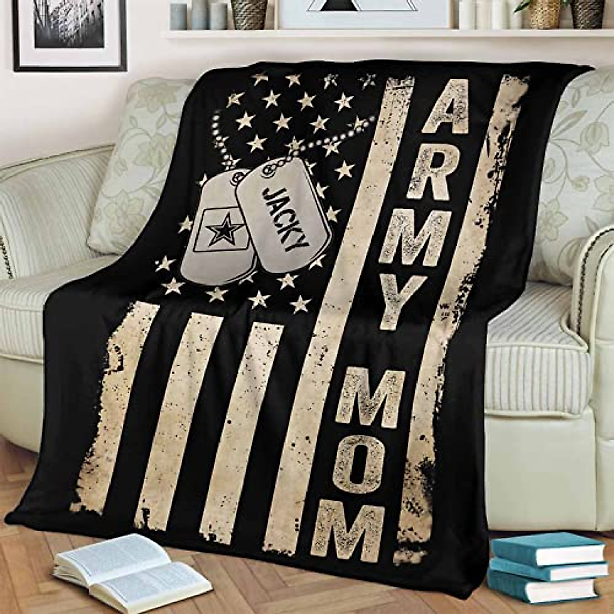 Army Mom, Army Dad US Flag Blanket Personalized Blanket Gift for Military Mom, Dad Ideas Gifts for Birthday, Mothers Day, Birthday, Blanket Customized, White