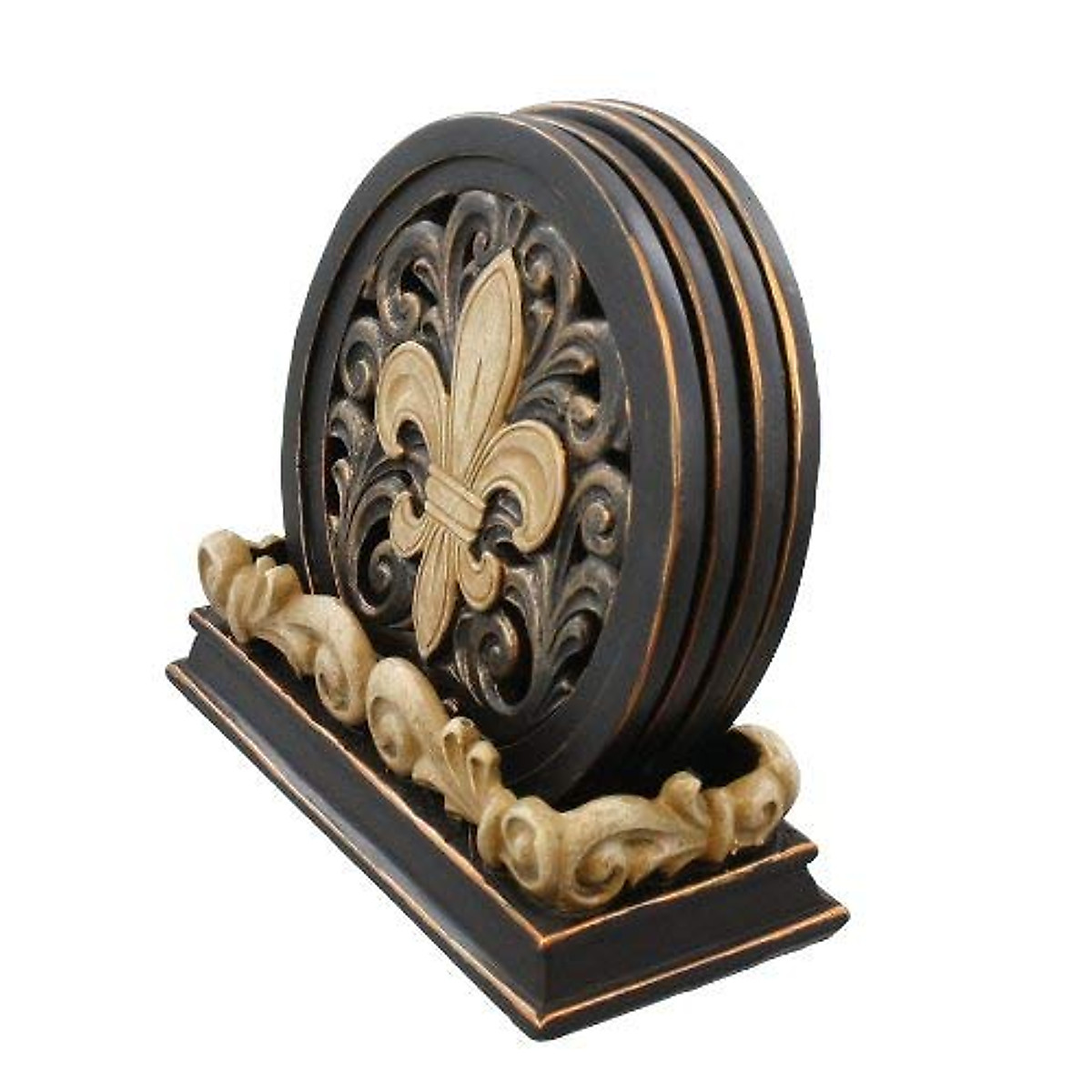 LL Home Fleur-De-Lis Carved Scrolls 4 Coaster Set