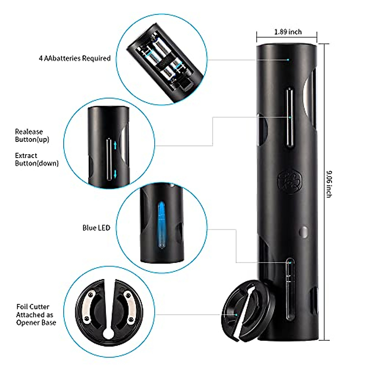 Electric Wine Opener set, Automatic Corkscrew for Wine Bottles with Foil Cutter Vacuum Stopper, Battery Operated Cordless Black Wine Opener for Wine Lovers Kitchen Home Bar