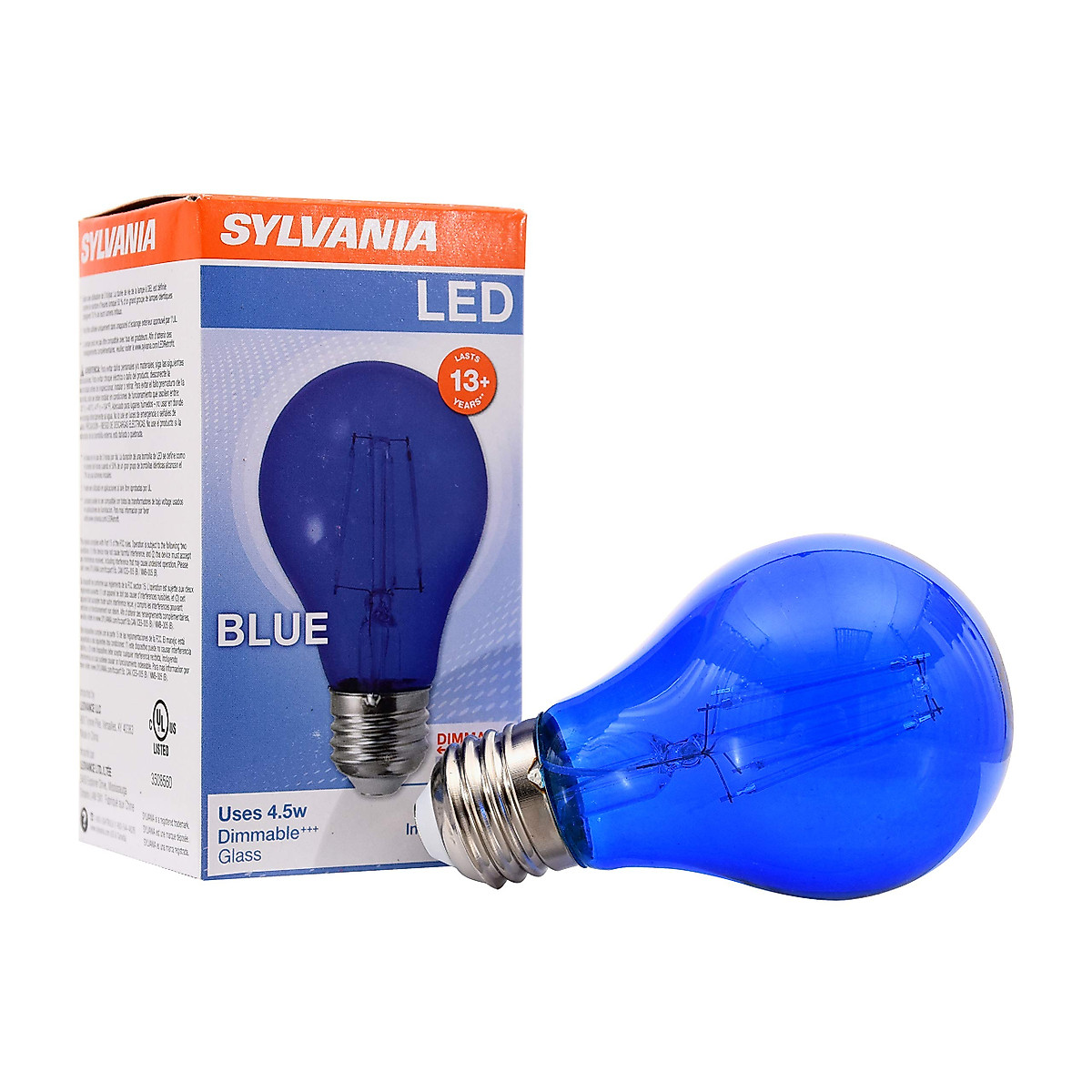 SYLVANIA LED Blue Glass Filament A19 Light Bulb, Efficient 4.5W, 40W Equivalent, Dimmable, E26 Medium Base - 1 Pack (40304)