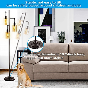 LEONLITE Farmhouse Floor Lamp for Living Room, Industrial Tree Standing Lamp with 3 Amber Glass Shades & Incandescent Bulbs, Rustic Vintage Tall Pole Light with Metal Base for Bedroom Office Study