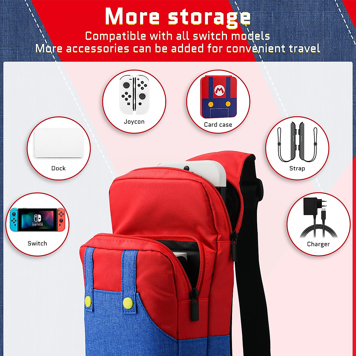 FUNDIARY Travel Bag for Nintendo Switch, OLED & Lite Carrying Case, Portable Shoulder Bag Set for Switch, Crossbody Backpack Accessories Bundle with Game Case and 2 Thumb Caps - for Super Mario