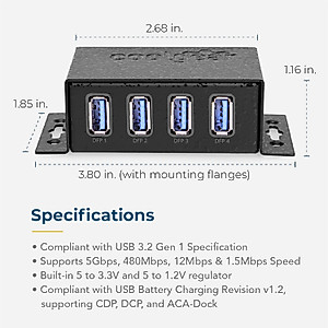 USB 3.2 Powered 4-Port Mini Hub, 5Gbps Fast Data Transfer with ESD & Surge Protection – Durable and Mountable USB Hub