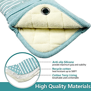 Yarn-Dyed Oven Mitts Silicone Printing and Kitchen Towels 4 pcs Set, Heat Resistant to 470 Degree, Non-Slip Kitchen Gloves/Pot Holders for Cooking Barbecue and Machine Washable (Khaki Oven Mitts)