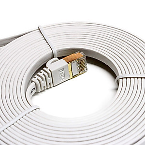 Tera Grand - 12FT - CAT7 10 Gigabit Ethernet Ultra Flat Patch Cable for Modem Router LAN Network, Gold Plated Shielded RJ45 Connectors, Faster Than CAT6a CAT6 CAT5e, White