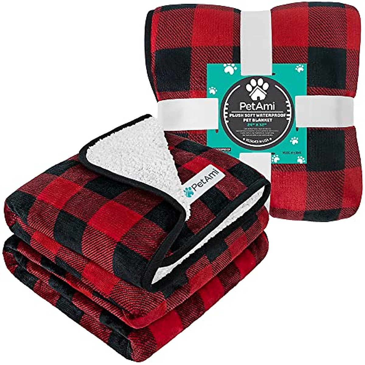 PetAmi Waterproof Dog Blanket Sherpa Fleece, Pet for Small Medium Dogs, Reversible Large Cat Throw Bed Couch Sofa Furniture Protector, Soft Plush Microfiber (Small 24x32, Check Red) Checkered Red