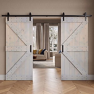 48 in/60in/72in/84in X 84 in K Series DIY Knotty Wood Double Sliding Barn Door with Hardware Kit (72 in x 84 in, Light Grey)