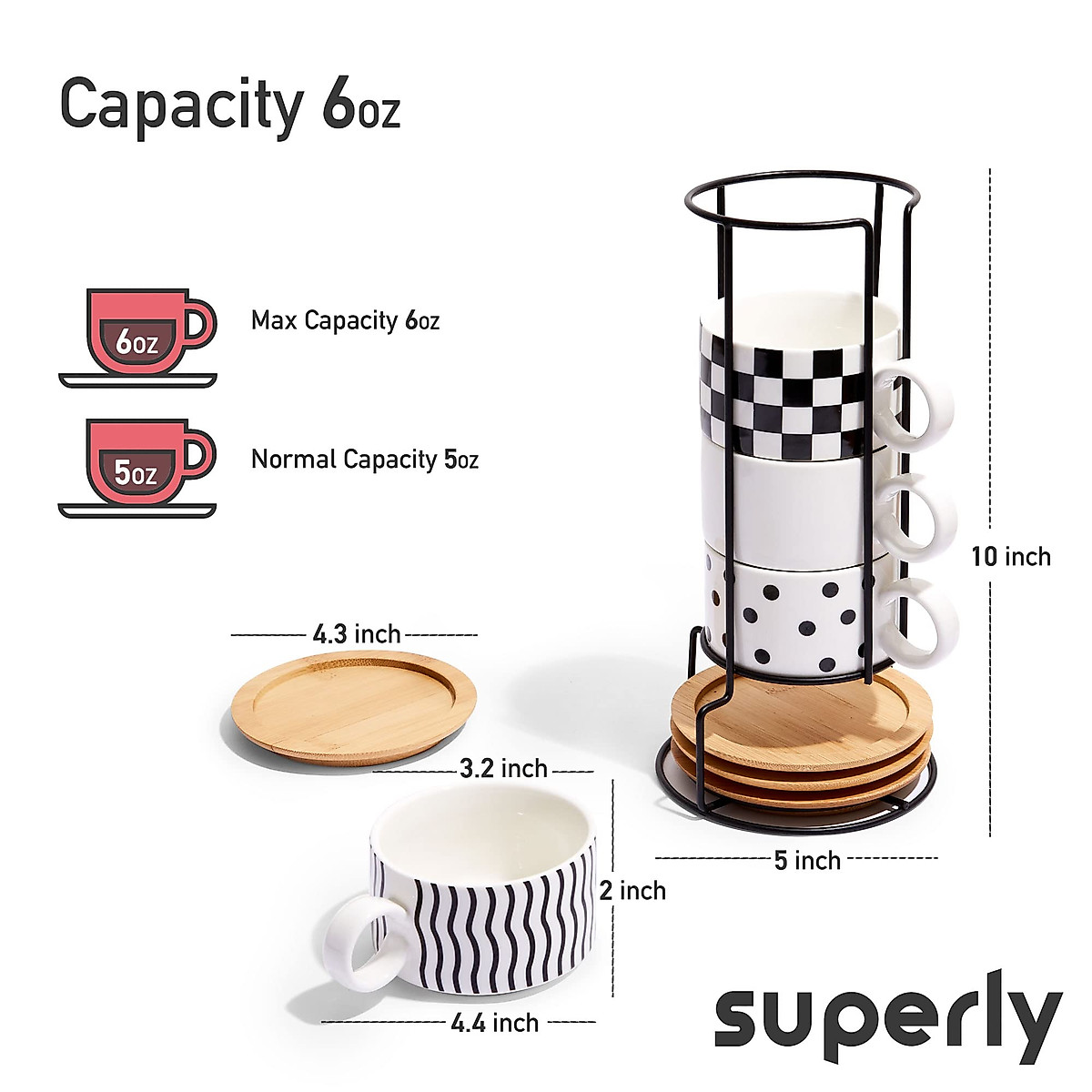 SUPERLY Stackable Espresso Cups Set of 4 - Espresso Mugs with Wooden Saucers, Metal Stand - Durable Porcelain Espresso Cup - Easy To Clean, Dishwasher-Safe - Modern Coffee, Latte, Tea Mug Set - 6 Oz