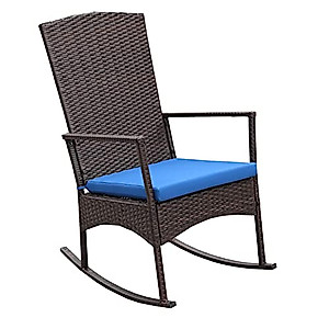Outdoor PE Wicker Rocking Chair 3-Piece Patio Rattan Bistro Set 2 Rocker Armchair and Glass Coffee Side Table Furniture, Washable Lacing Cushion (Royal Blue)