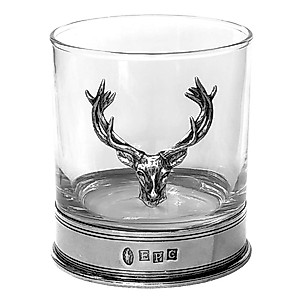 English Pewter Company 11oz Old Fashioned Whisky Rocks Glass Set With Pewter Stag Deer Head and Base [STAG105]
