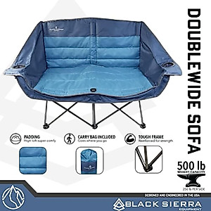 Black Sierra Doublewide Padded Camping Sofa, Camping Couch, Camping Loveseat, Comfortable Padded Heavy Duty Camp Chair, Beach Chari, Comes with Dual Cupholders and Carry Bag, Perfect for Patio or Deck