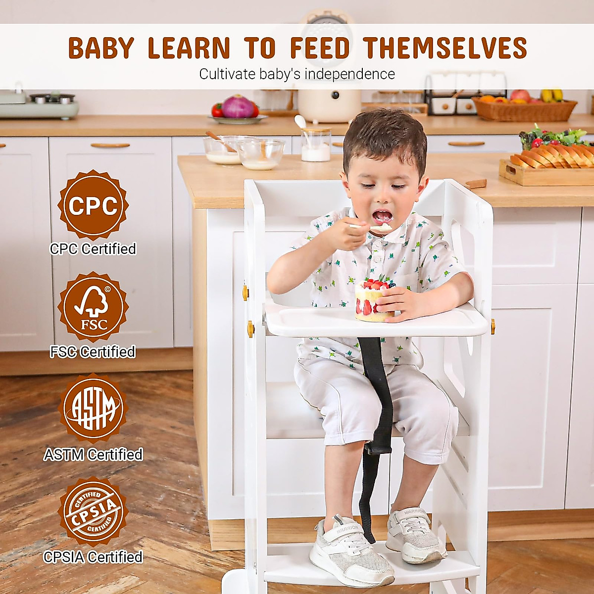 Rendpas Toddler Kitchen Stool Helper with Meal Tray & Safty Rail, Adjustable Height Kids Kitchen Step Stool, Toddler Standing Tower Convertible Meal Chair, Wooden Toddler Counter (White)