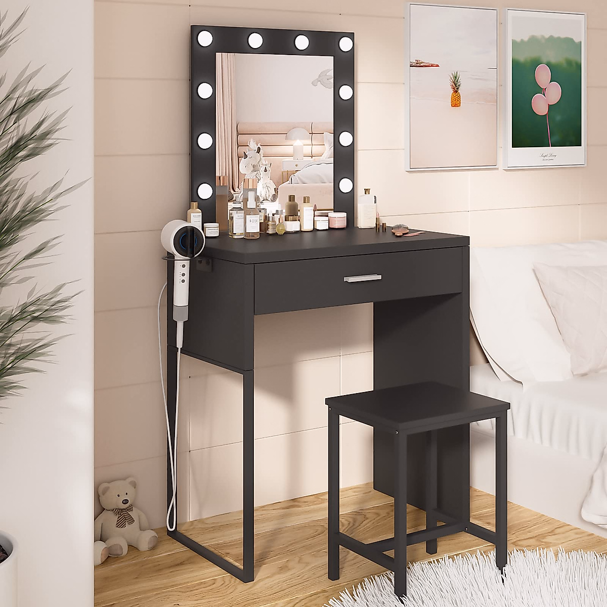 Titoni Makeup Vanity Desk with Mirror and Lights, Black Vanity Table and Chair Set, Brightness Adjustable, Small Vanity for Girls' Bedroom