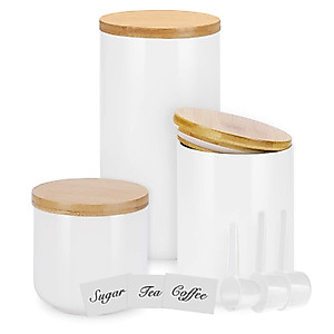 Yangbaga Canisters Sets for Kitchen-Set of 3 Kitchen Canisters for Countertop with Airtight Bamboo Lids/Spoons/Stickers, Ceramic Food Storage Containers for Large Flour,Suger,Coffee (42/30/9OZ)
